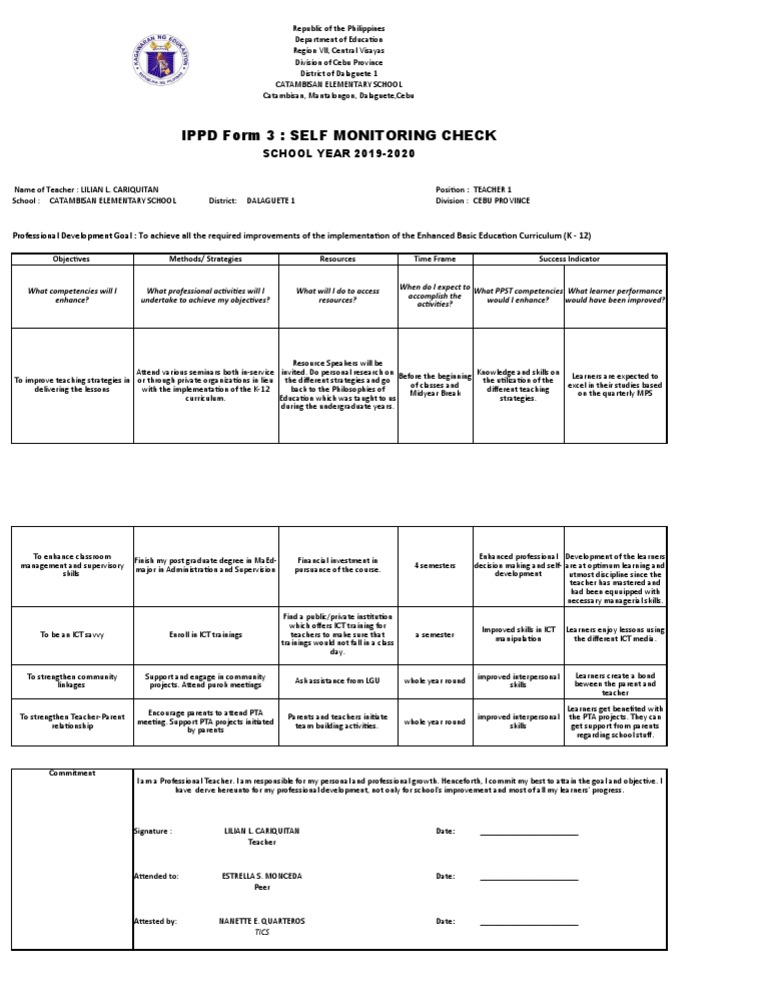 Ippd Form 3: Self Monitoring Check: SCHOOL YEAR 2019-2020 | PDF | Curriculum | Educational ...