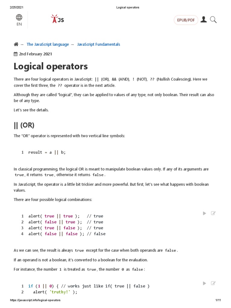 Logical Operators: The Javascript Language Javascript Fundamentals | Download Free PDF | Boolean ...