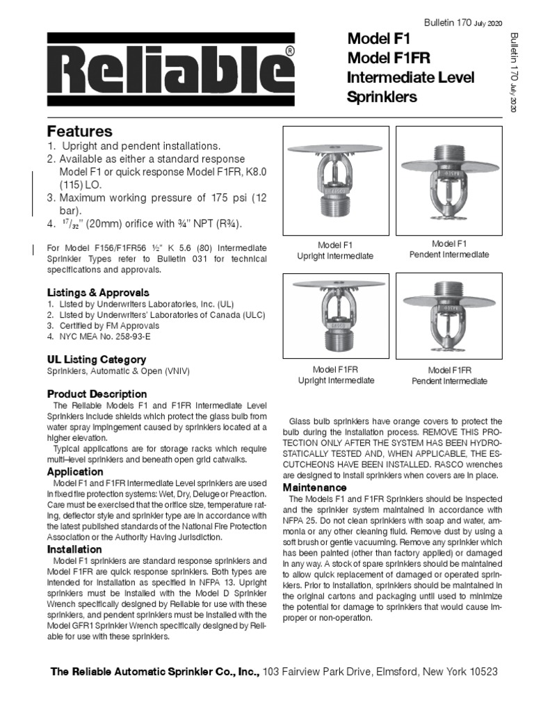 Model F1 Model F1FR Intermediate Level Sprinklers Features: Listings ...