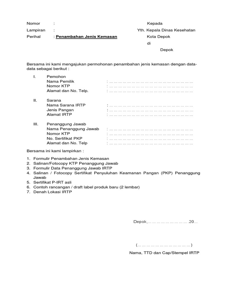 Surat Permohonan Penambahan Jenis Kemasan PIRT Ke Kadis | PDF