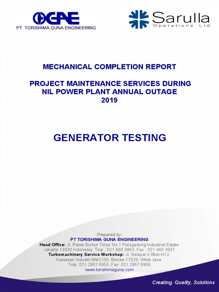 Generator Testing: Mechanical Completion Report Project Maintenance ...