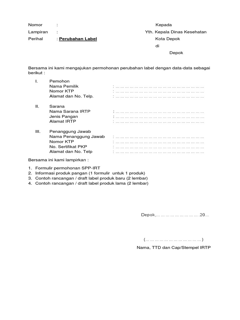 Surat Permohonan Perubahan Label SPP-IRT Ke Kadis | PDF