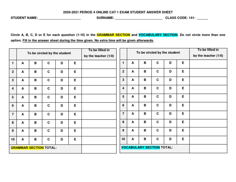 UPPER Online CAT 1 Student Answer Sheet | PDF