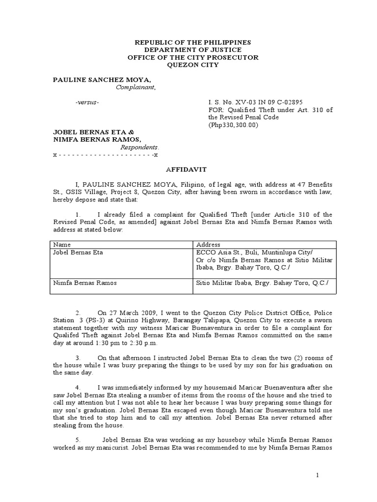 Qualified Theft Complaint Affidavit | PDF | Common Law | Public Law