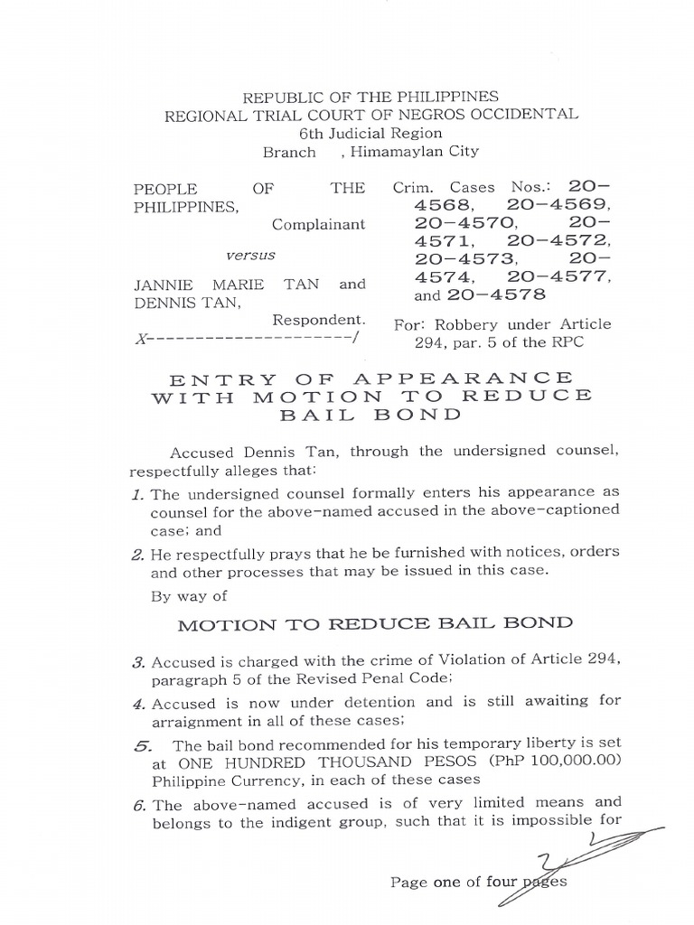 Entry of Appearance With Motion To Reduce Bail | PDF