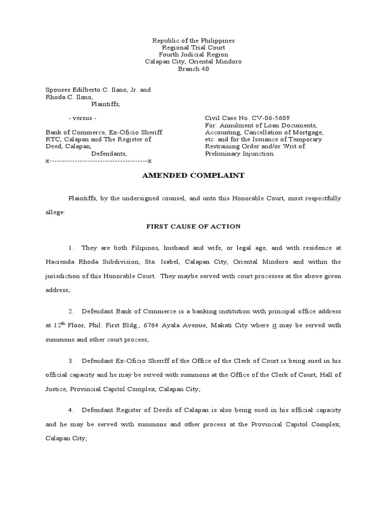Amended Complaint: First Cause of Action | PDF | Foreclosure | Mortgage Law