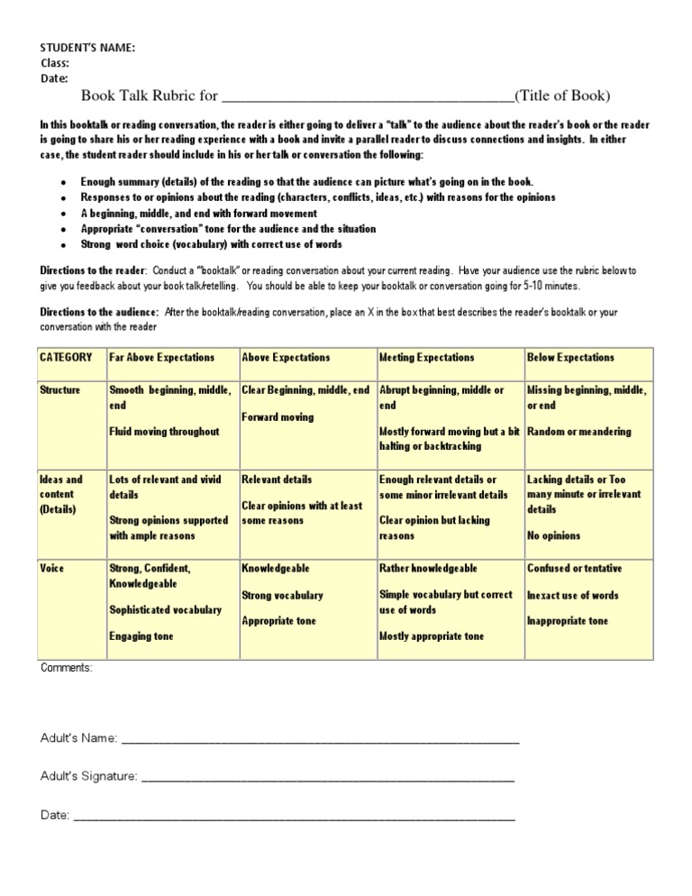 Book Talk Assessment Rubric | PDF | Conversation | Vocabulary