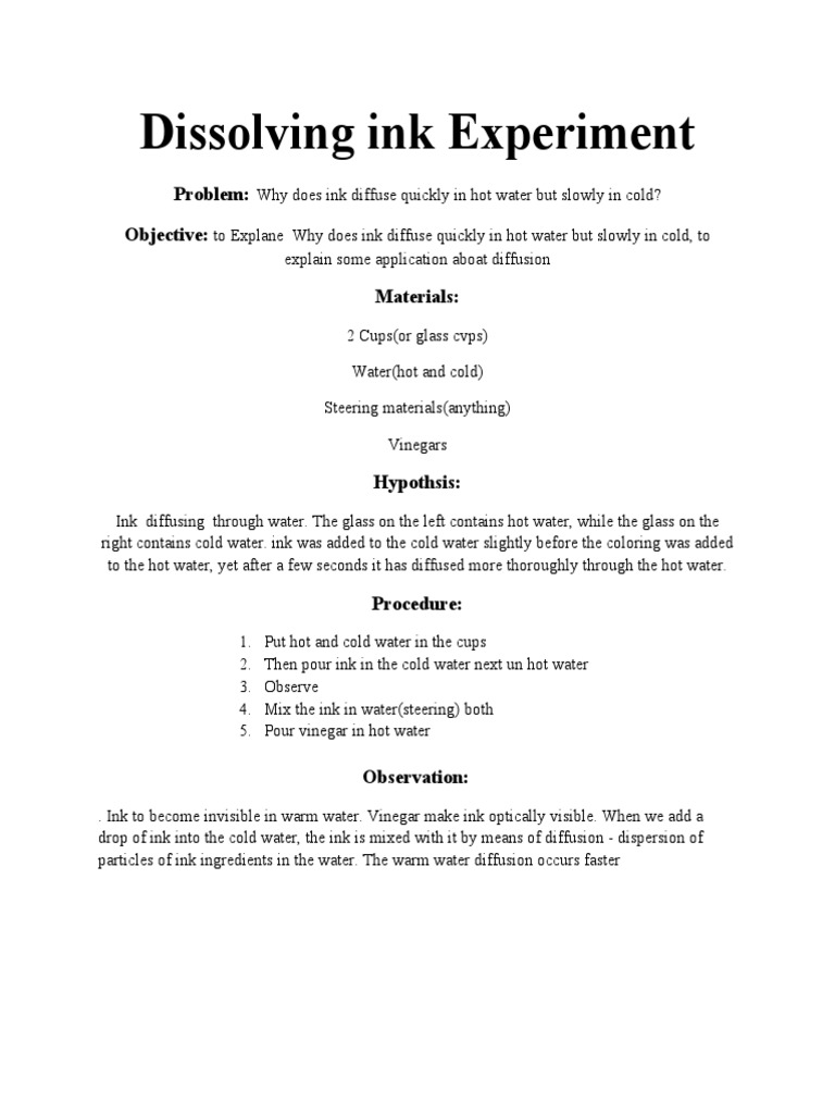 Dissolving Ink Experiment: Problem: Objective: Materials | PDF