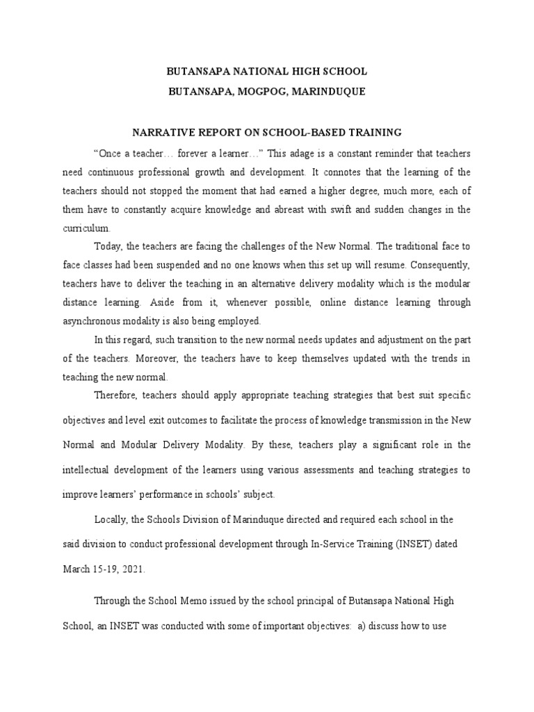 NARRATIVE REPORT ON SCHOOL Slac | PDF | Teachers | Distance Education