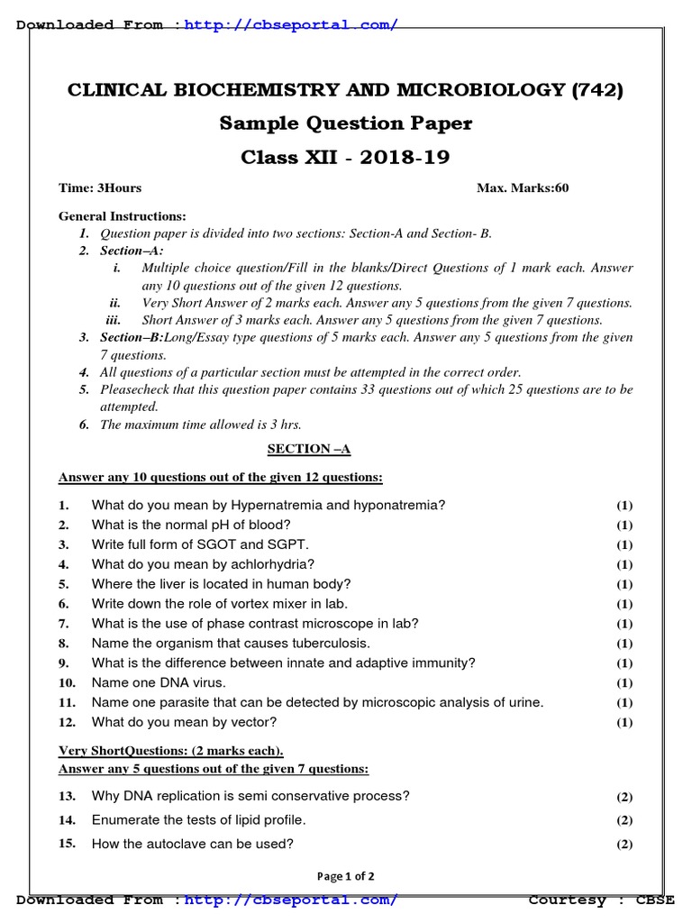 Cbse Class 12 Sample Paper 2019 20 Clinical Biochemistry and ...