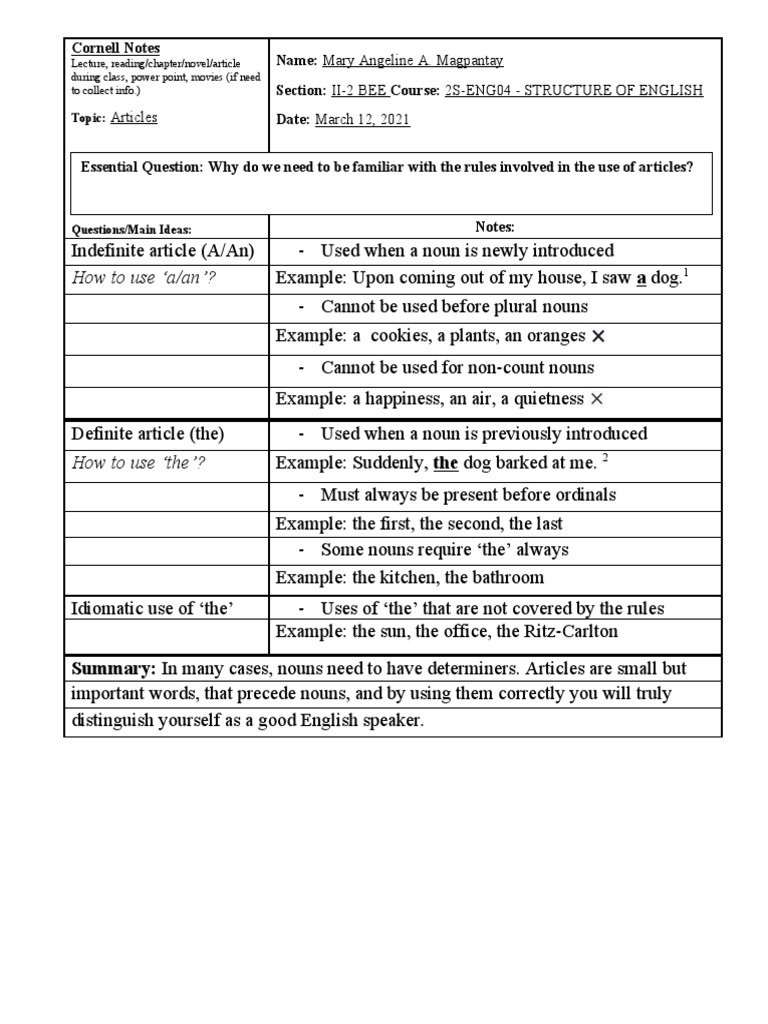 Cornell Notes (Articles) | Download Free PDF | Noun | English Language