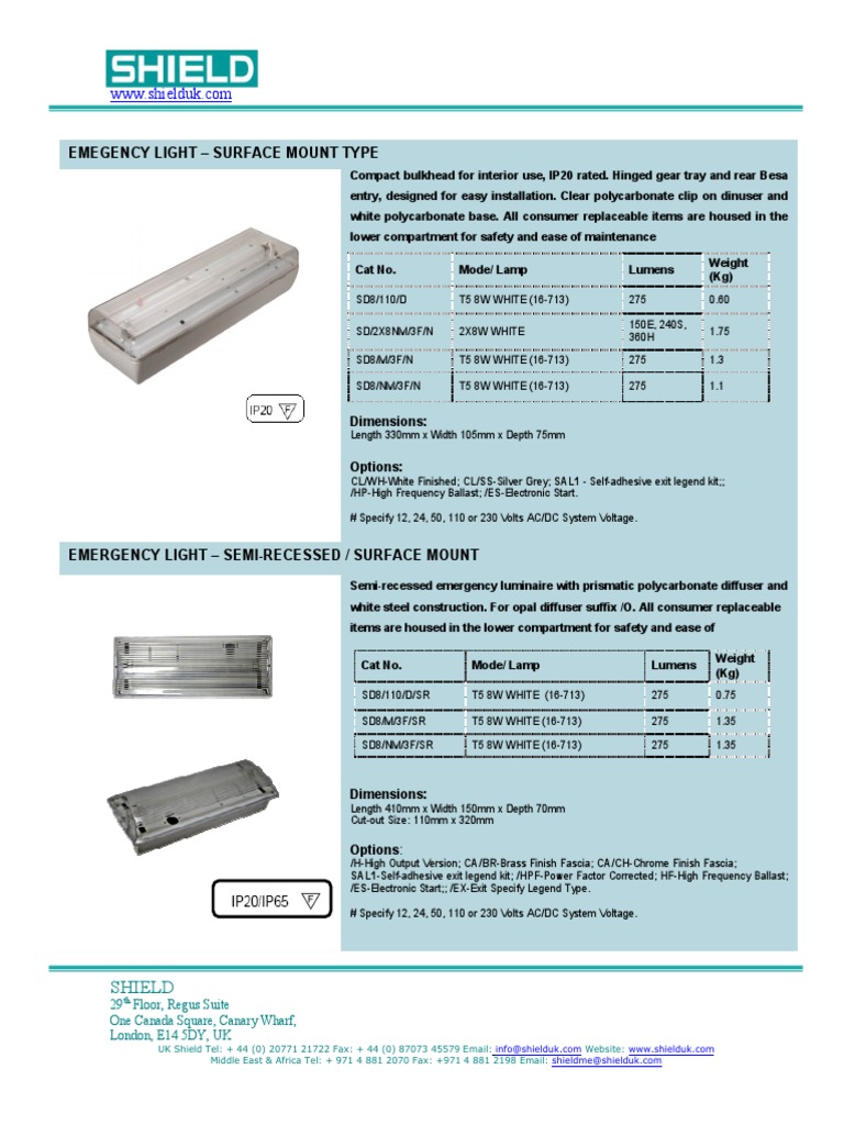 Shield Emergency Light Catalogue-Rev 1 230V | PDF | Mains Electricity ...