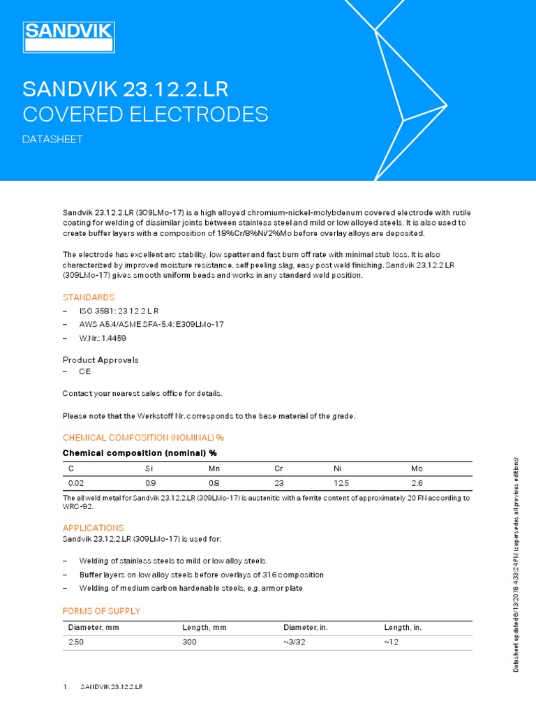SANDVIK 23.12.2.LR Covered Electrodes: Datasheet | PDF | Welding ...
