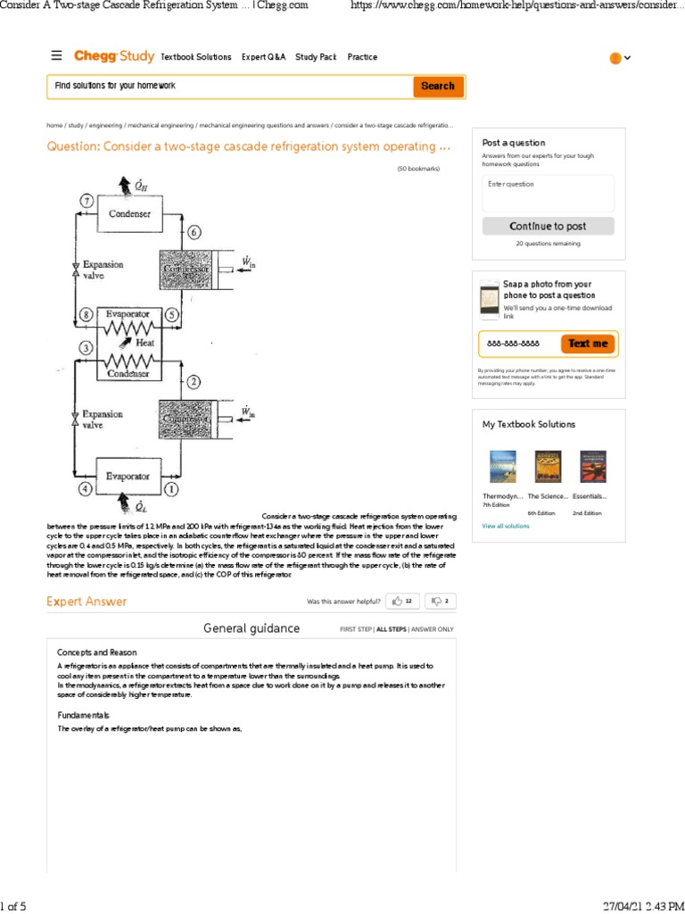 Consider A Two-Stage Cascade Refrigeration System . | PDF | Enthalpy ...
