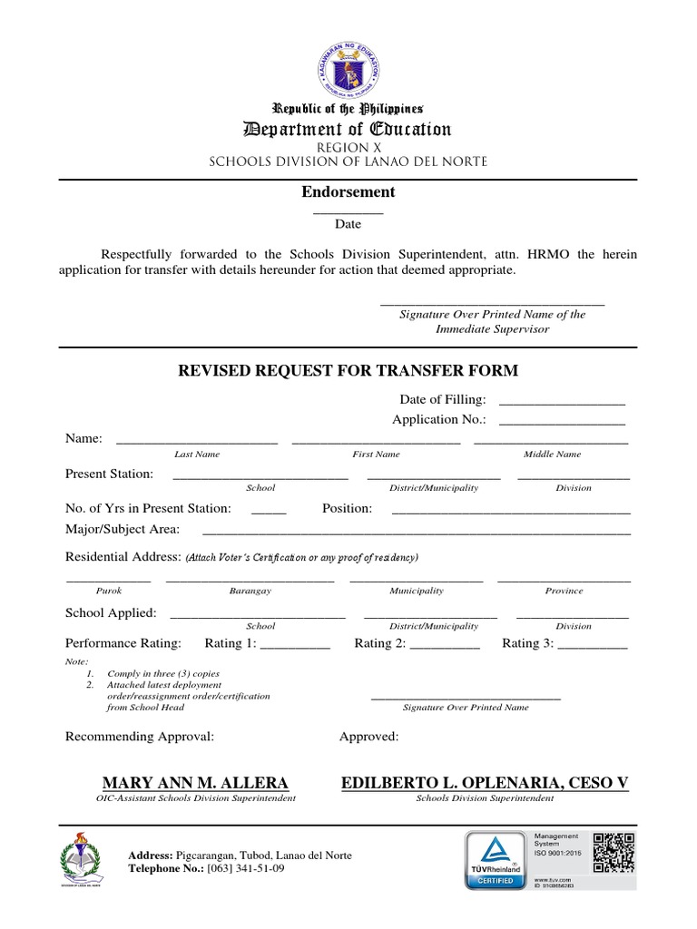 Request For Transfer Form | PDF | Government