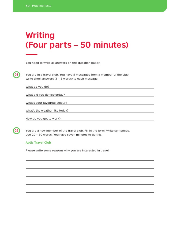 Writing (Four Parts - 50 Minutes) : Aptis Travel Club | PDF
