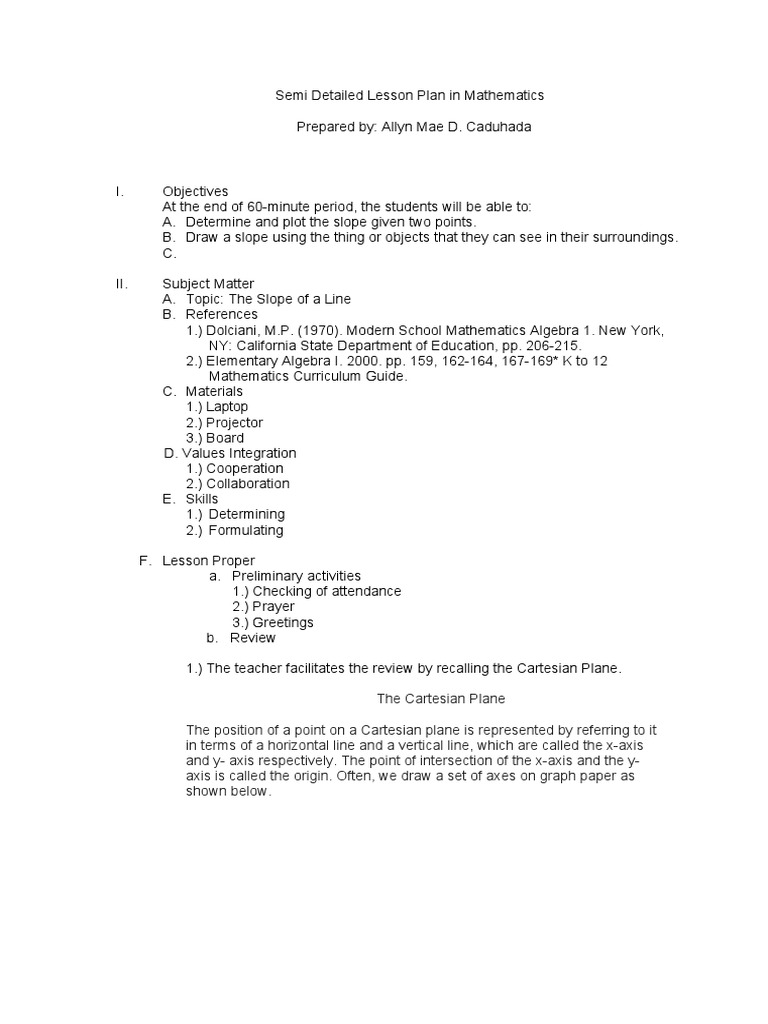 Semi Detailed Lesson Plan in Mathematics 1 | PDF | Cartesian Coordinate ...