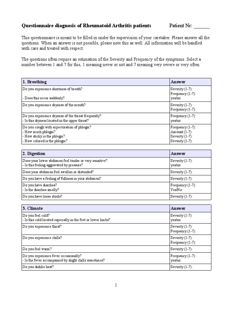 Questionnaire Diagnosis of Rheumatoid Arthritis Patients: 1. Breathing ...