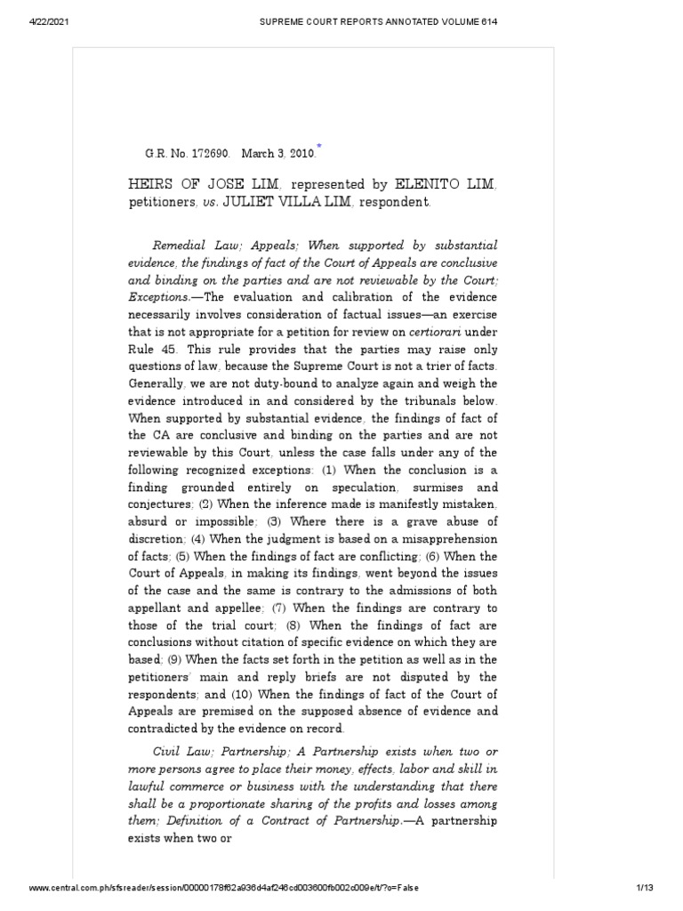 Heirs of Jose Lim vs. Lim, 614 SCRA 141, March 03, 2010 | PDF | Burden ...