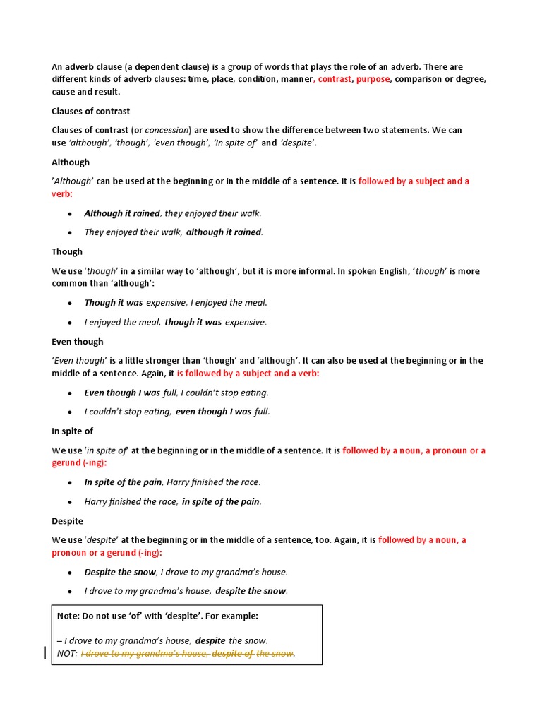 Adverb Clauses: Contrast and Purpose | PDF | Verb | Adverb