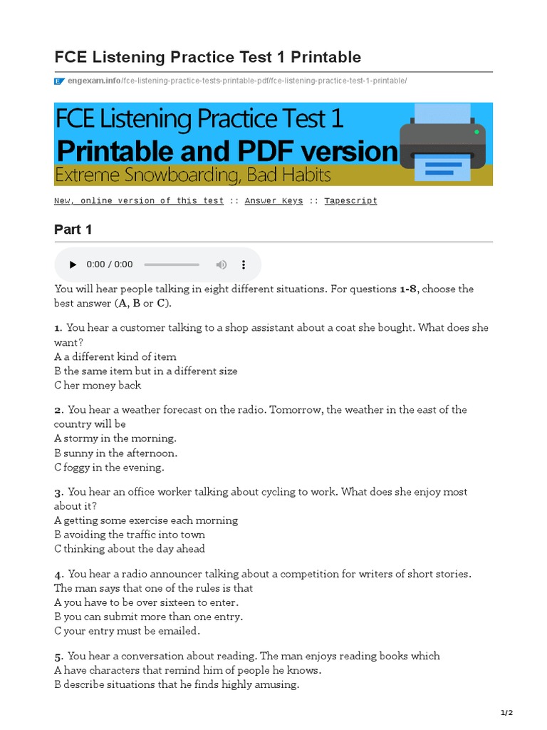 Engexam - info-FCE Listening Practice Test 1 Printable | PDF