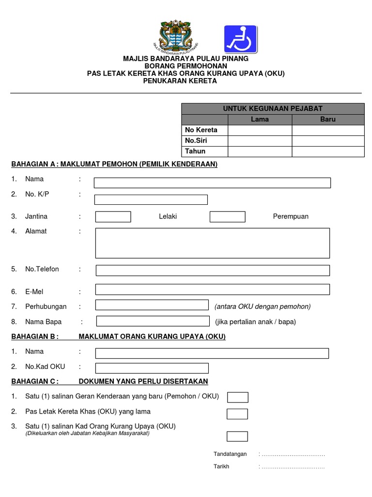 Borang Permohonan Pas Letak Kereta Khas Orang Kurang Upaya Oku ...