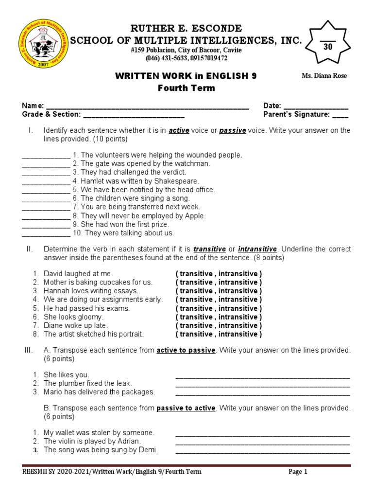 Grade 9 English Worksheet 4th Term | PDF | Semantic Units | Linguistics