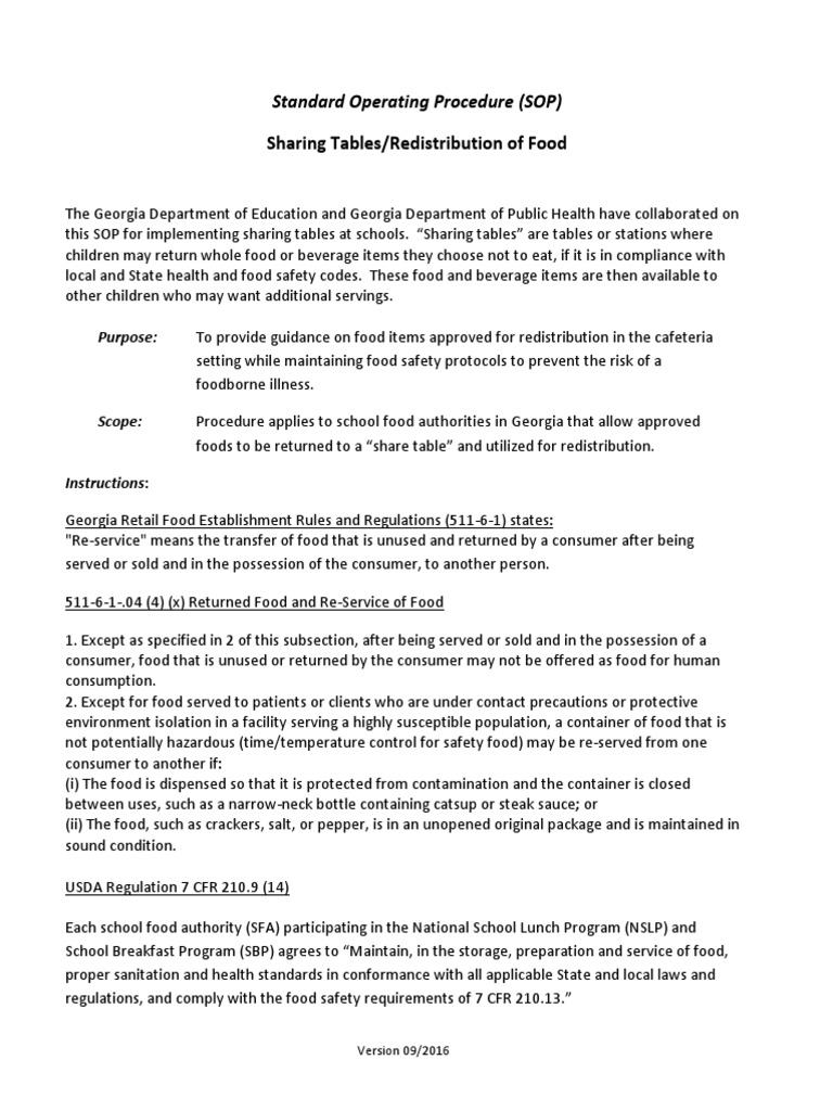Georgia School Food Redistribution SOP | PDF | Food Safety | Foods