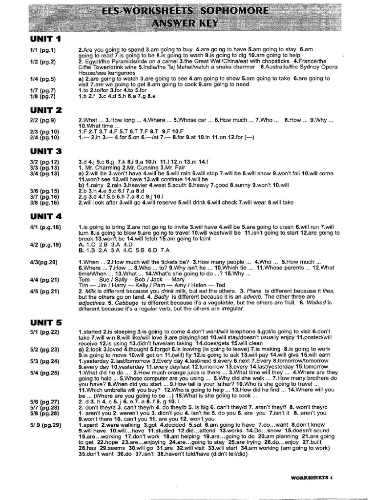Els Worksheets Keys Sophomore | PDF