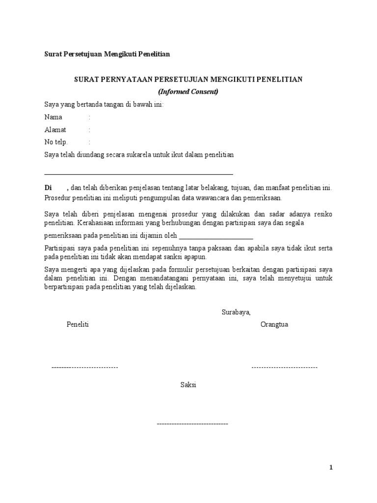 Surat Persetujuan Penelitian Informed Consent | PDF | Kesehatan Holistik