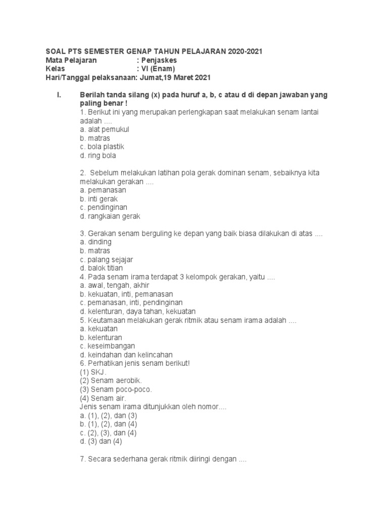 Soal PTS Penjaskes | PDF | Metode & Bahan Ajar