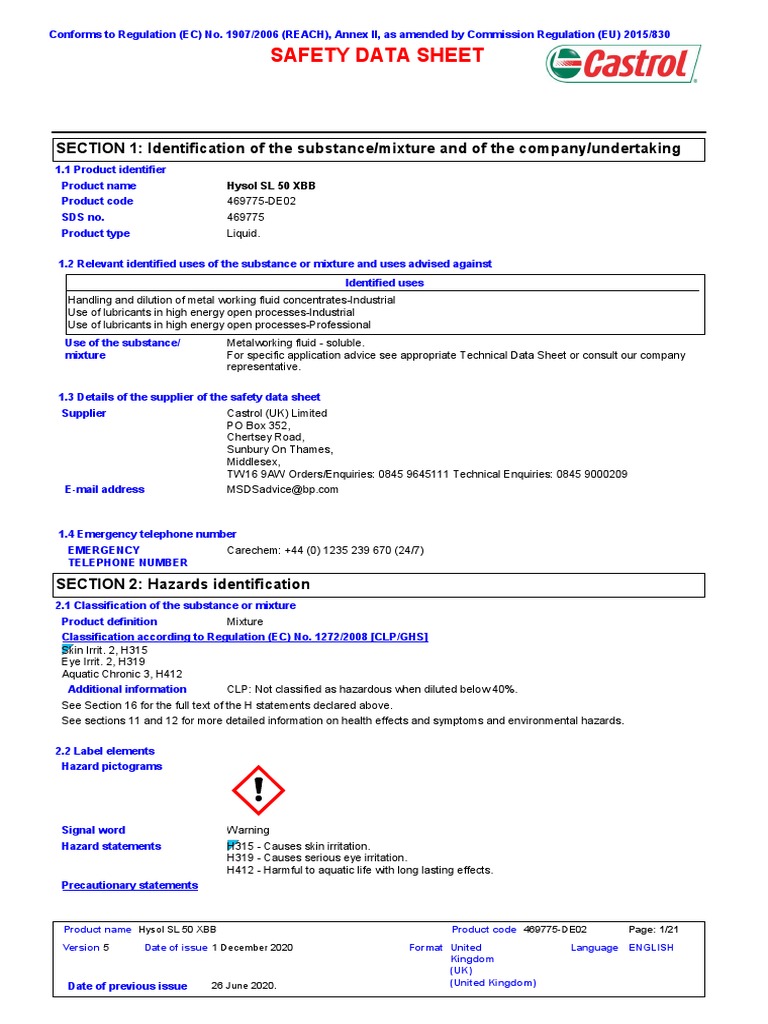 CASTOL - Hysol SL 50 XBB - SDS | PDF | Personal Protective Equipment | Firefighter