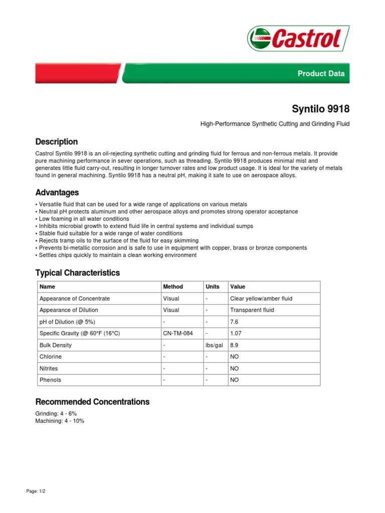 CASTROL - Syntilo 9918 - Synthetic Cutting Fluid | PDF | Metals | Chemistry