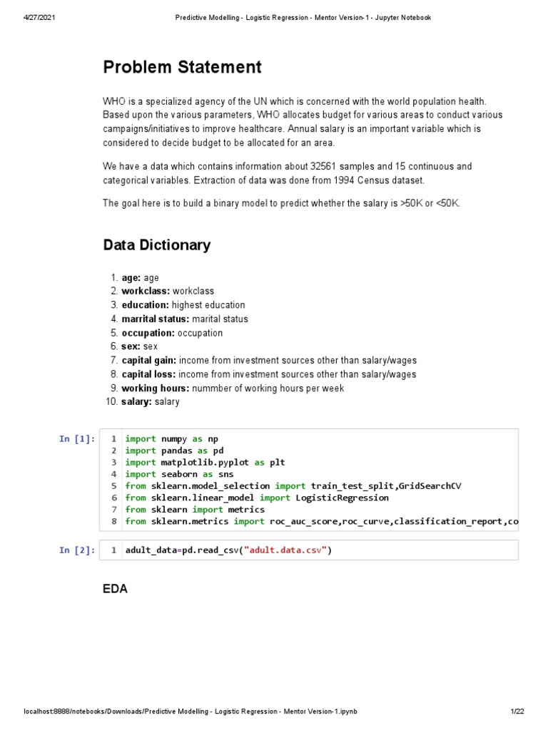 Predictive Modelling - Logistic Regression - Mentor Version-1 - Jupyter ... Predictive Modelling - Logistic Regression - Mentor Version-1 - Jupyter ...