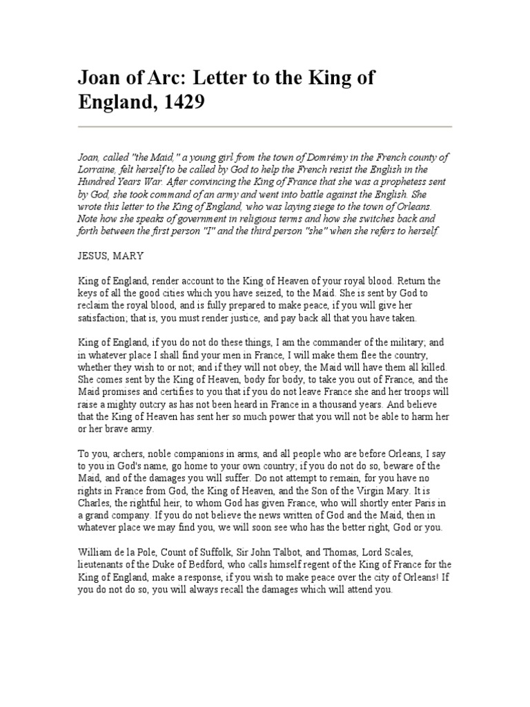 Joan of Arc, Letter To The King of England | PDF | Joan Of Arc | Unrest