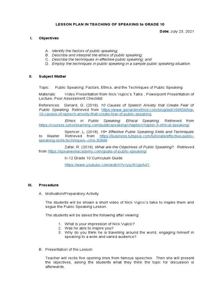 Grade 10 Public Speaking Lesson Plan | PDF | Public Speaking | Lesson Plan