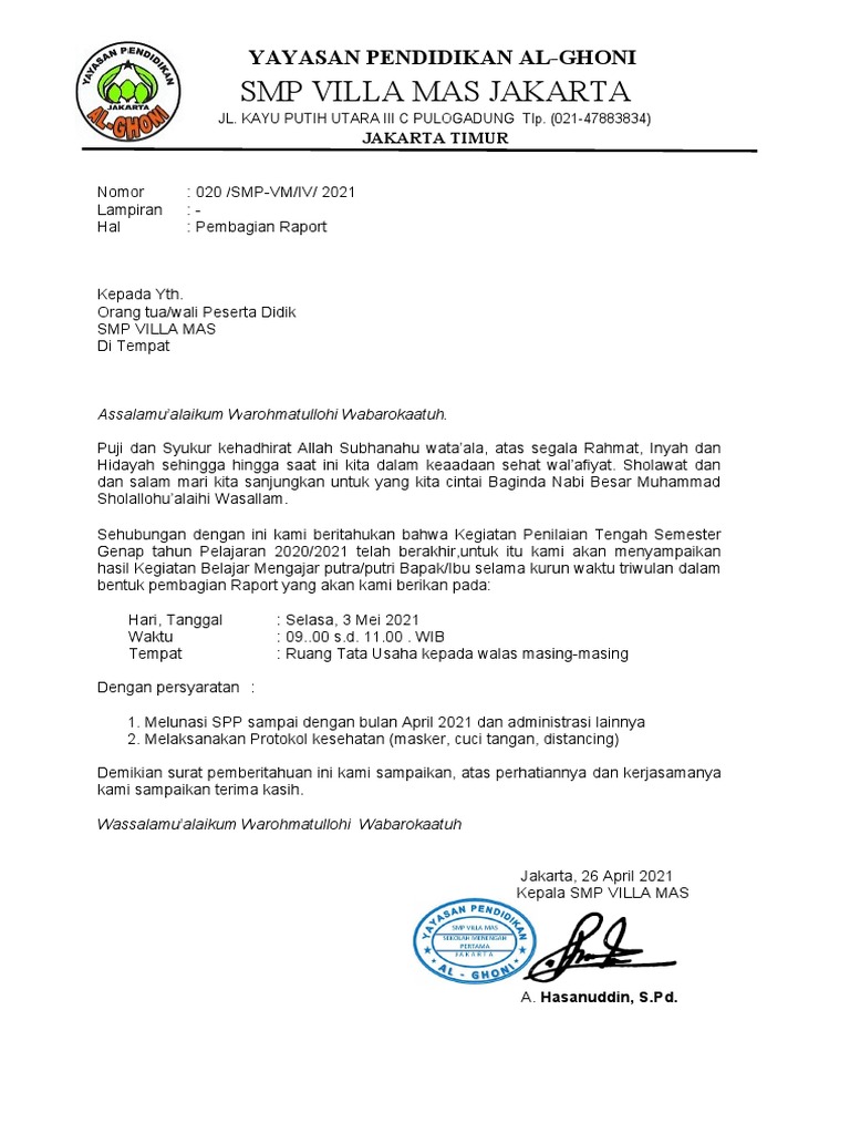 Surat Edaran Pengambilan Raport PTS2-PAS2 SMT Genap 2021 | PDF