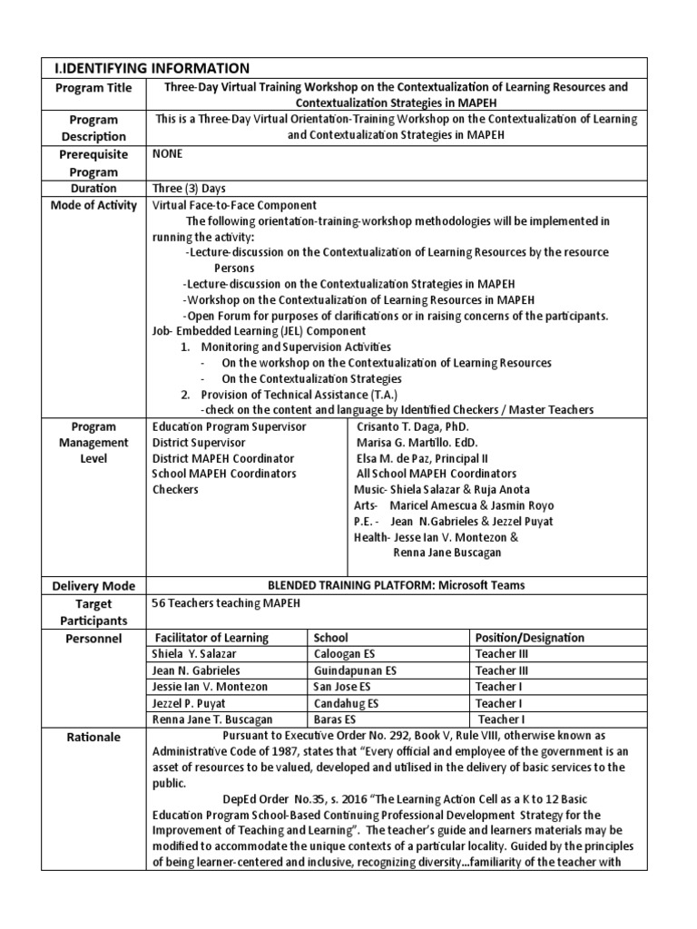 TRAINING COURSE DESIGN For MAPEH | PDF | Curriculum | Educational ...