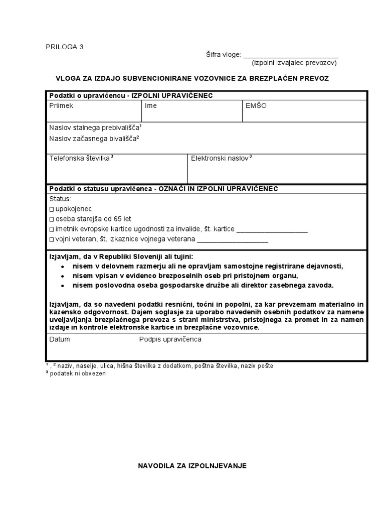 Vloga Za Izdajo Subvencionirane Vozovnice Za Brezplacen Prevoz | PDF