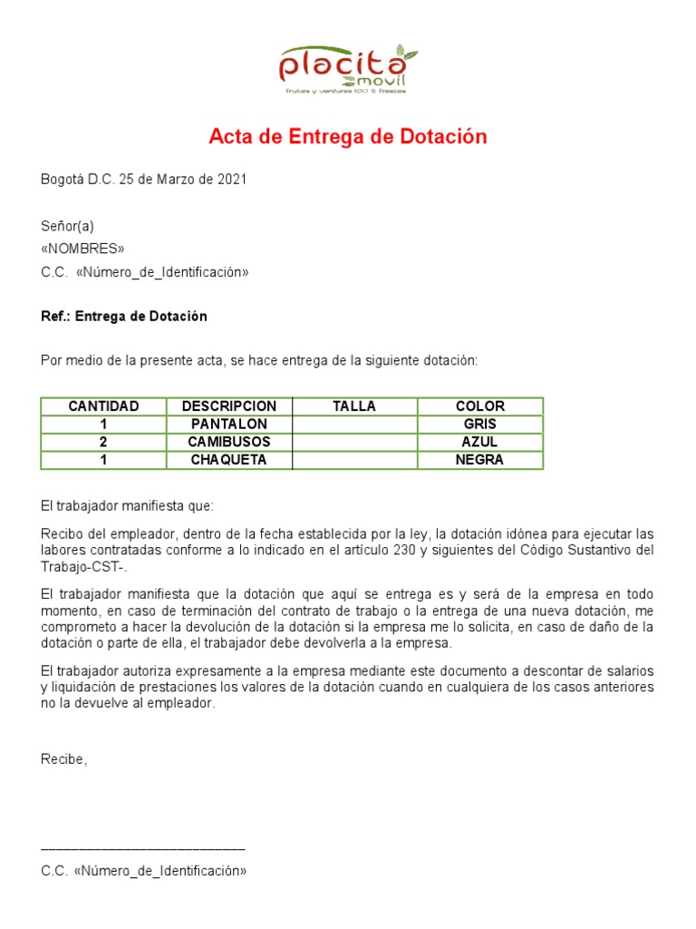 Acta de Entrega de Dotación | PDF