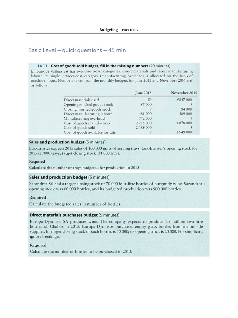 Basic Level - Quick Questions - 45 Min: Budgeting - Exercises | PDF