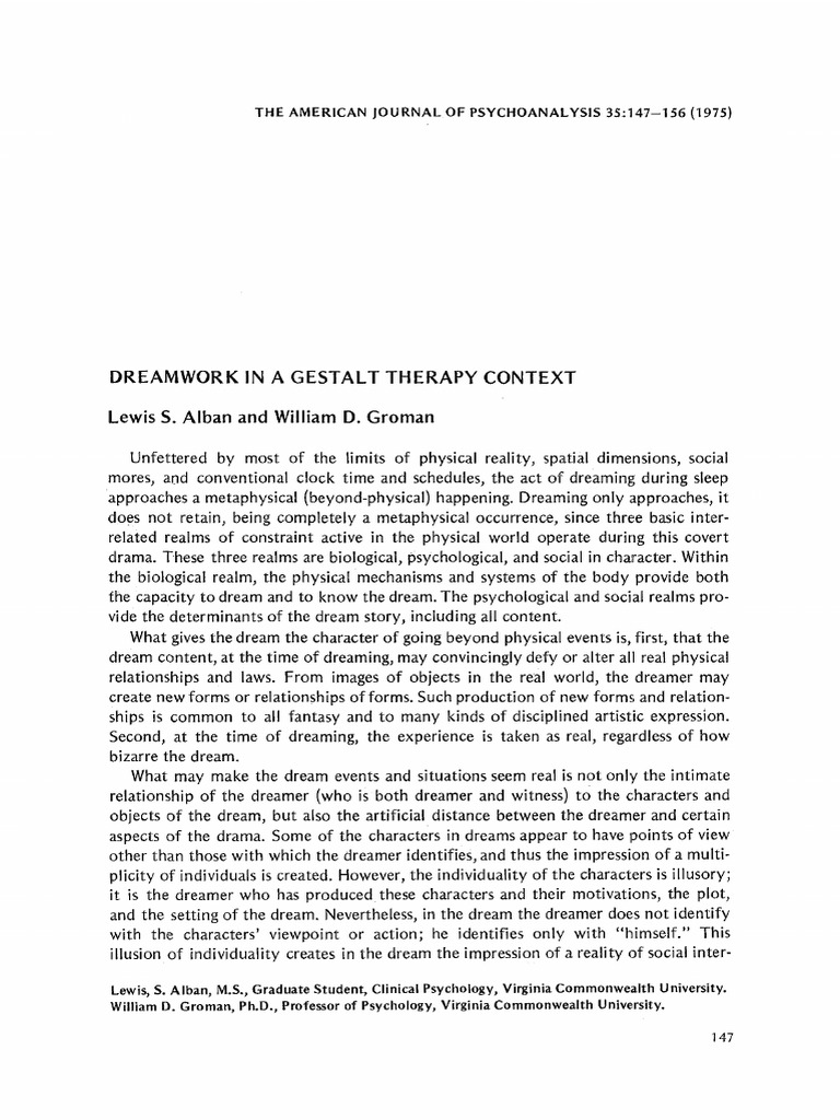 Dreamwork in A Gestalt Therapy Context Lewis S. Alban and William D ...