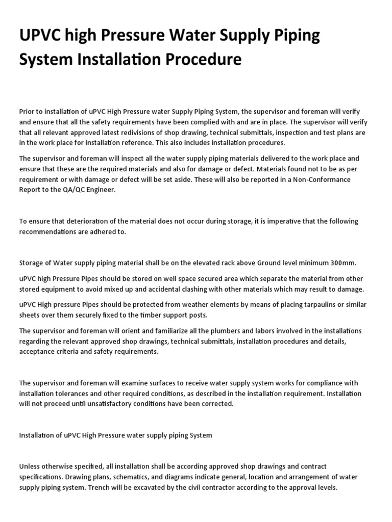 UPVC High Pressure Water Supply Piping System Installation Procedure ...