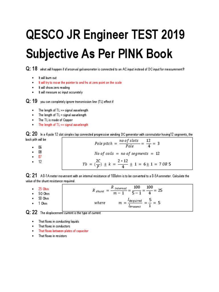 QESCO JR Engineer TEST 2019 Subjective As Per PINK Book | PDF | Field ...