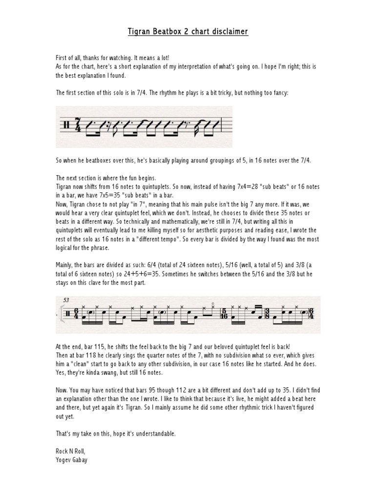 Tigran Beatbox 2 Chart Disclaimer | PDF | Musical Notation | Rhythm And ...