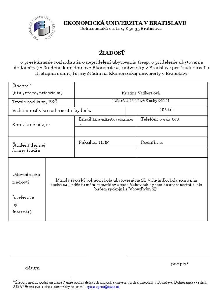 Ziadost o Ubytovanie Odvolanie Pridelenie | PDF