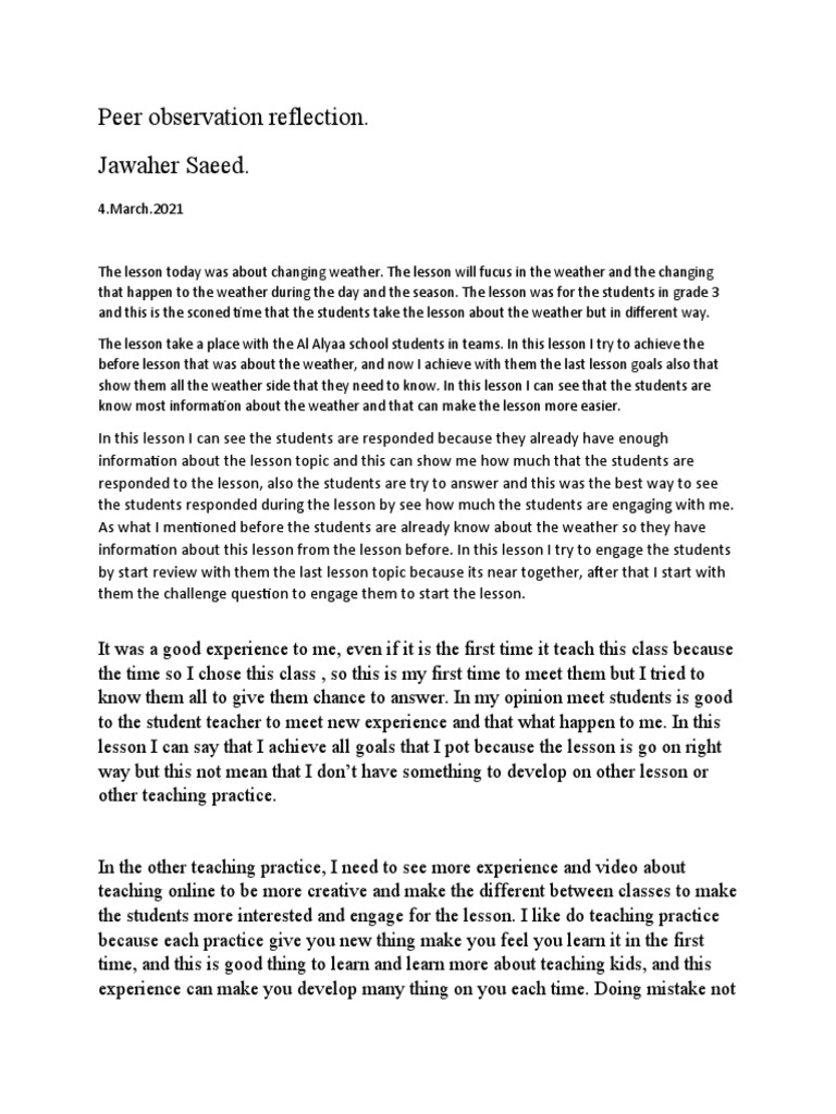 Peer Observation Reflection. Jawaher Saeed | PDF | Human Nature | Teaching