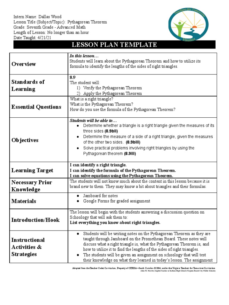 Lesson Plan Pythagorean Theorem | PDF | Lesson Plan | Triangle