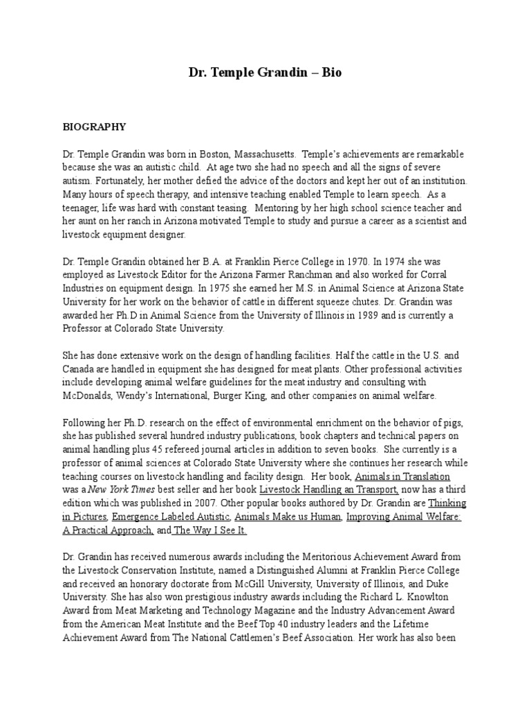 Dr. Temple Grandin - Bio: Biography | PDF | Food Industry | Livestock ...