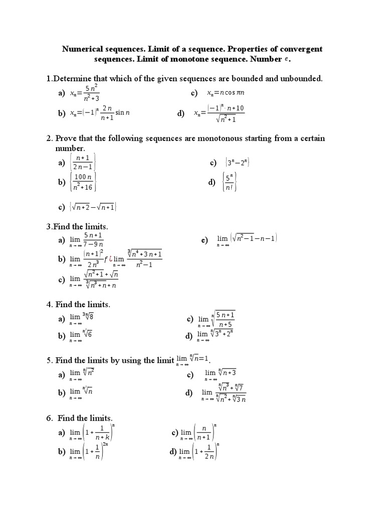 Numerical Sequences. Limit of A Sequence. Properties of Convergent Sequences. Limit of Monotone ...